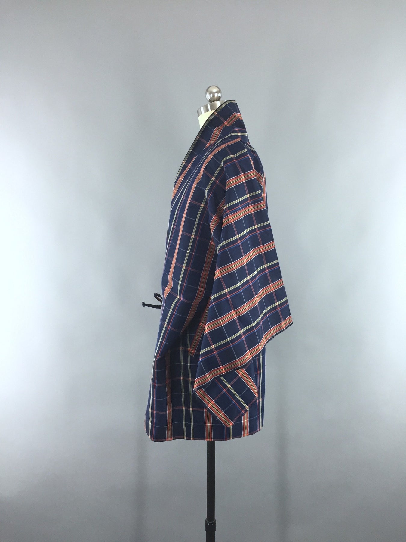 1980s Vintage Haori Kimono Cardigan Blue Plaid Wrap Coat Douchugi ...