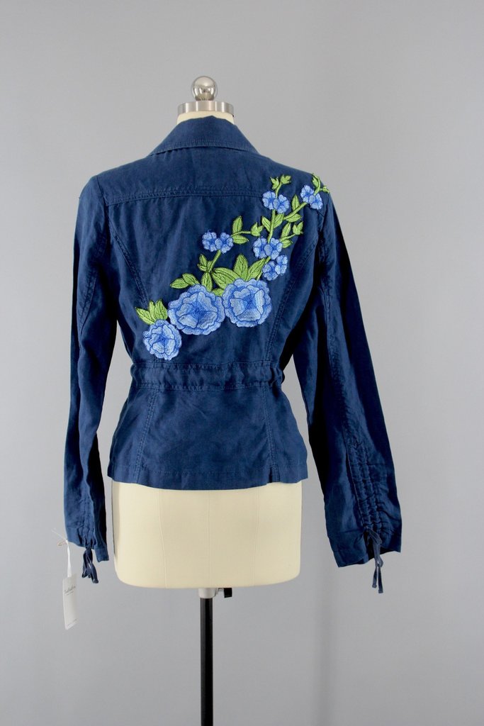 Navy Blue Linen Jacket with Blue Floral Embroidery – ThisBlueBird