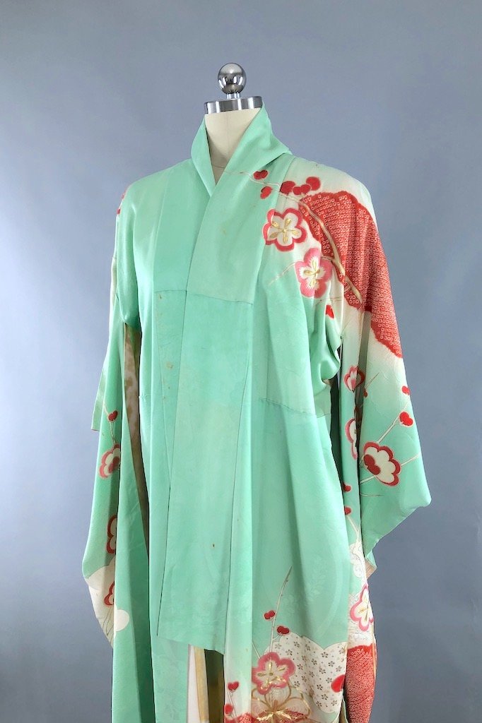 Vintage Mint Green & Pink Silk Kimono Robe – ThisBlueBird