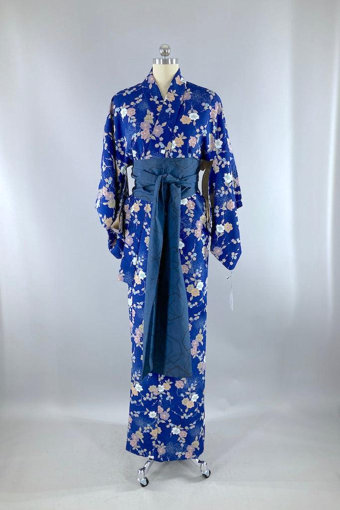 Vintage Navy Blue Floral Print Kimono Robe – ThisBlueBird