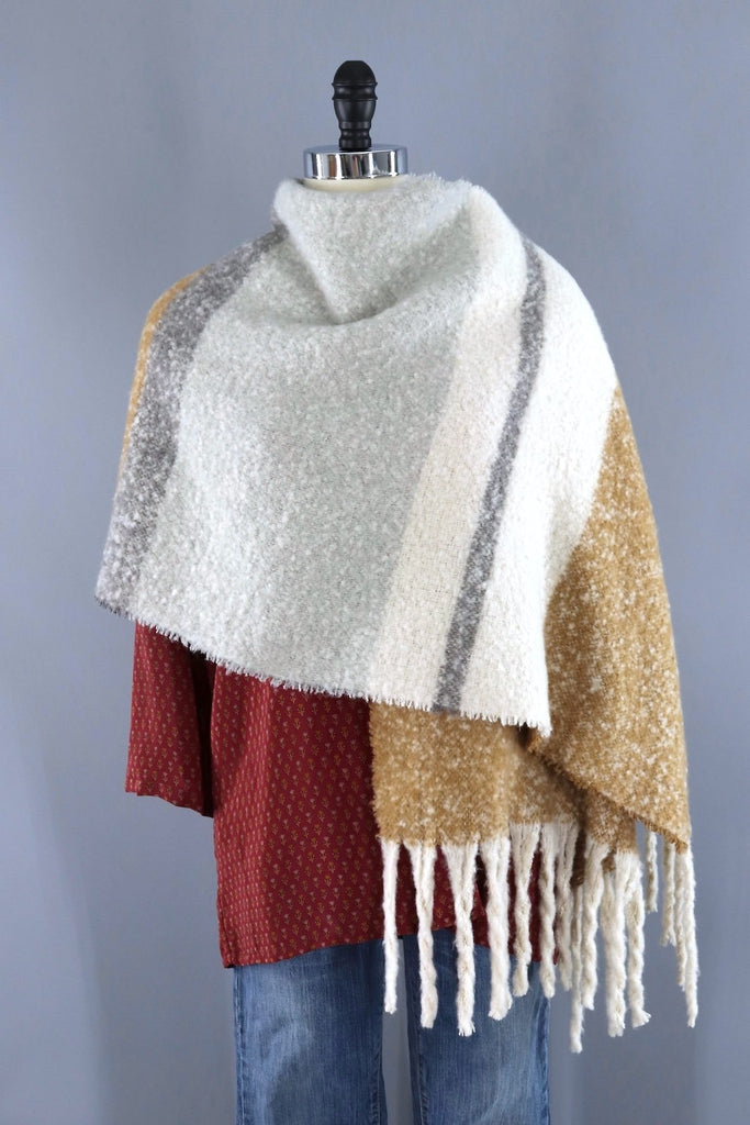 Fuzzy Scarf Shawl - Camel Tan Grey Stripes - Winter Layering Outfit ...