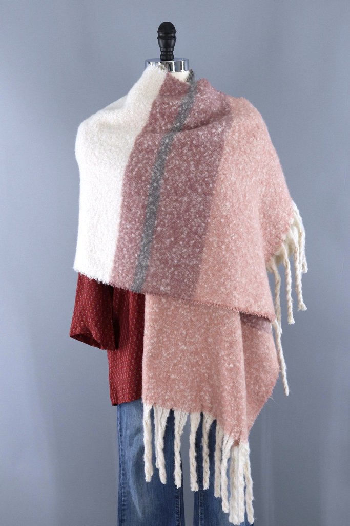 Fuzzy Scarf Wrap - Pink Grey Stripes / Outdoors Fall Winter Outfits ...