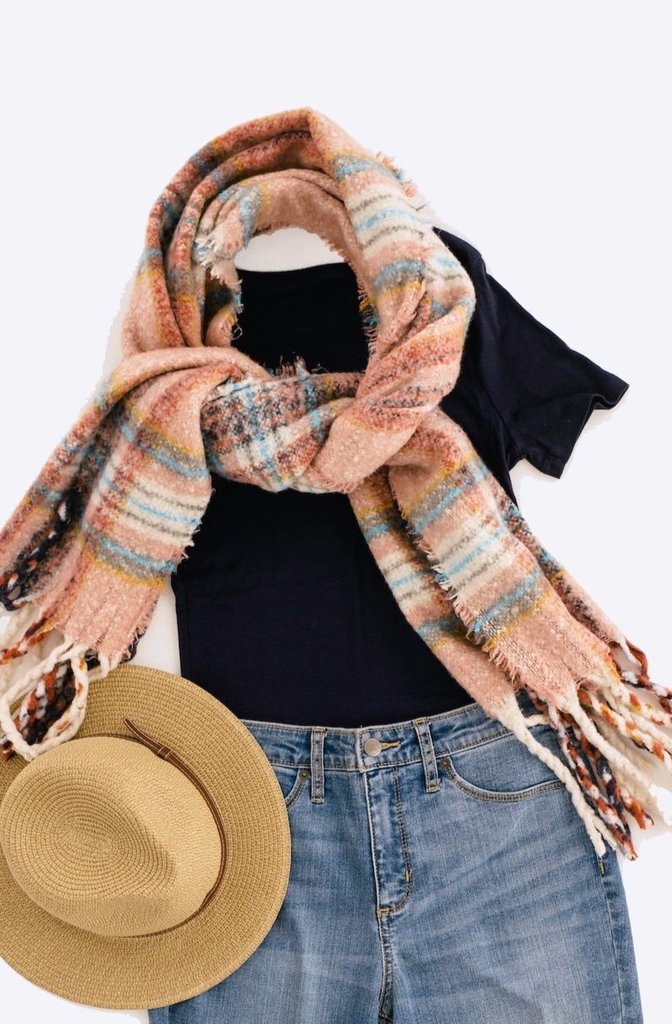 Fuzzy Wrap Shawl - Pink and Mustard Plaid - Fall Layering Outfits ...