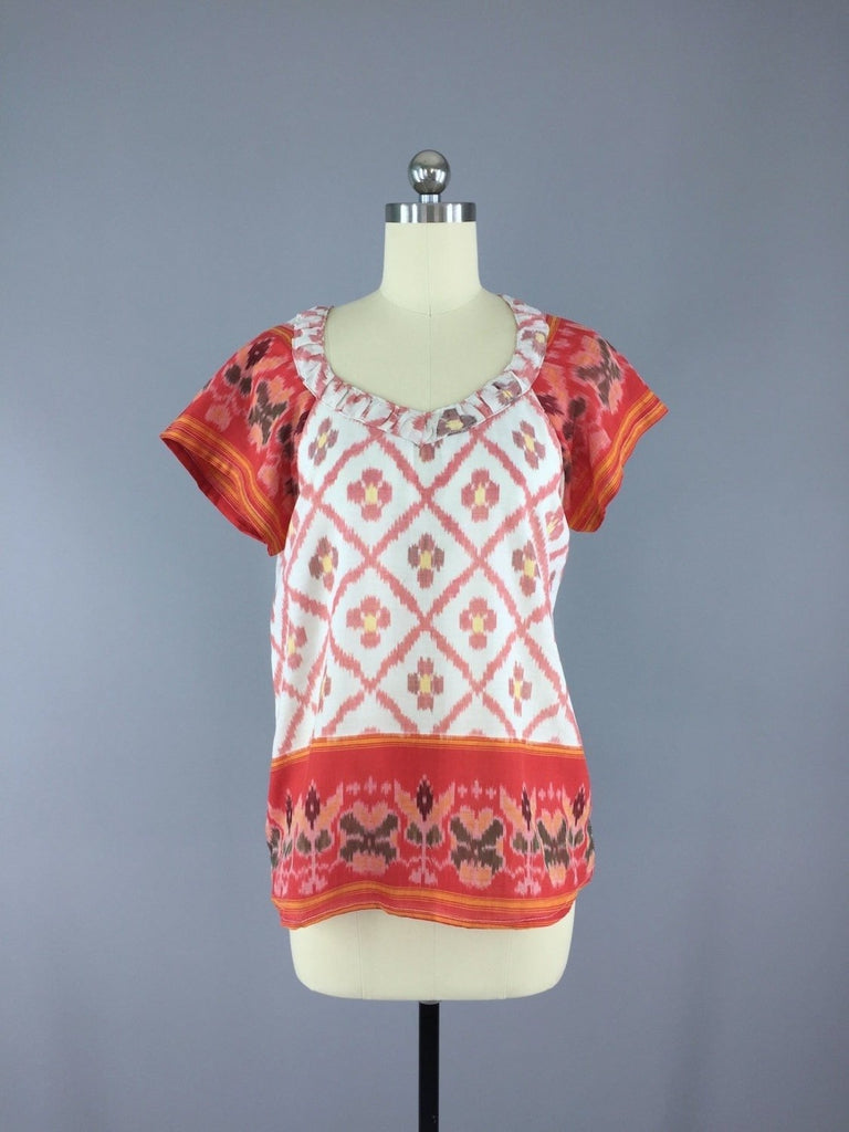 Red and White Ikat Indian Cotton T-Shirt made from a Vintage Indian Sa ...