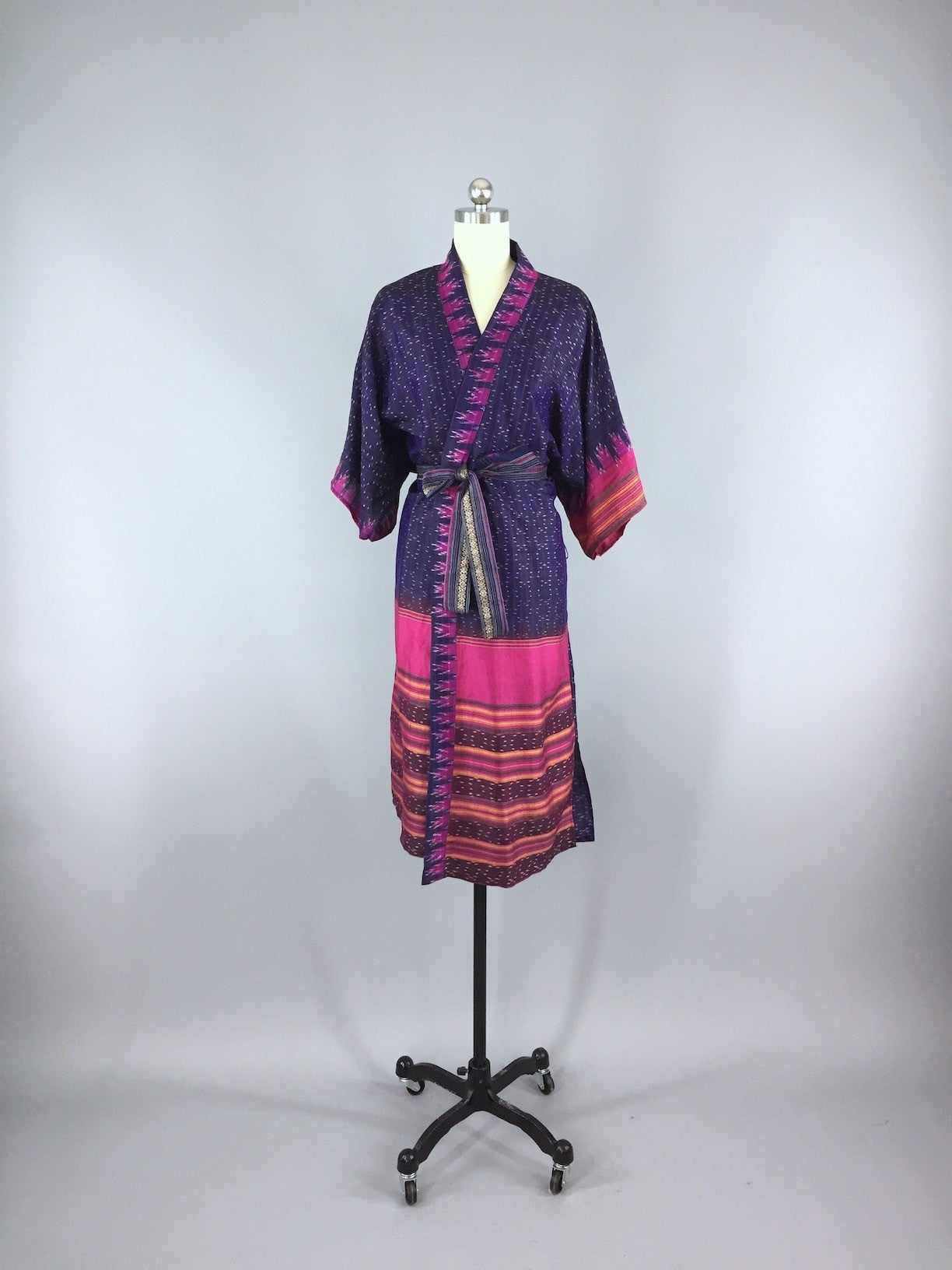 Silk Sari Robe / Navy Blue and Pink Ikat – ThisBlueBird