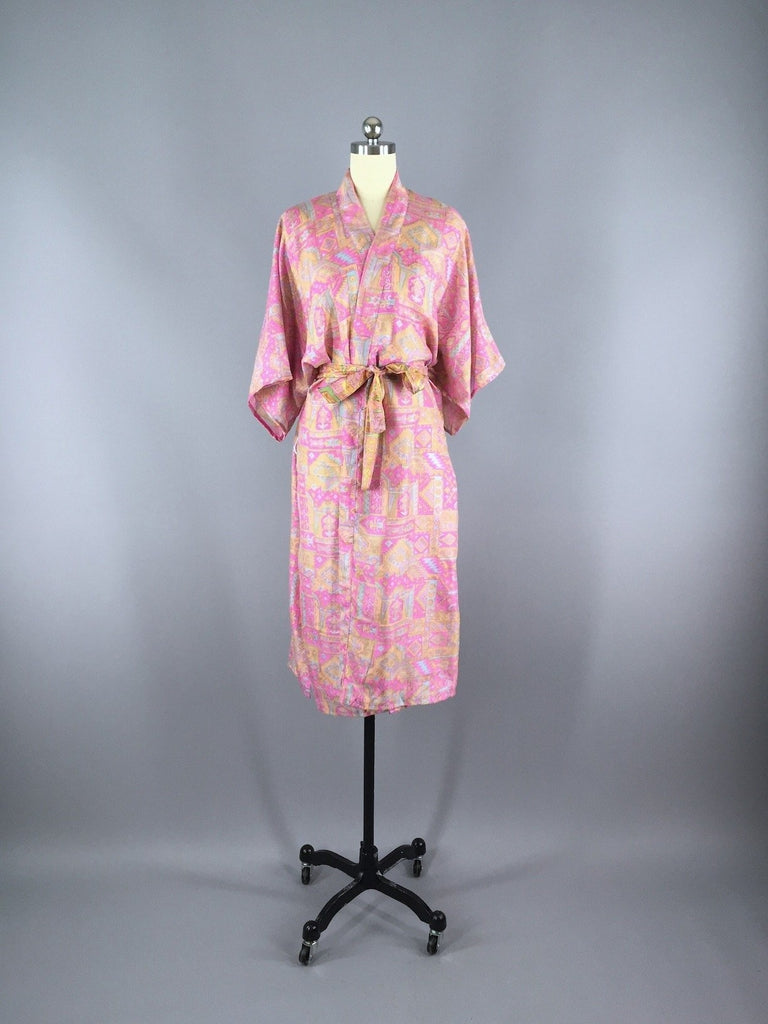 Silk Sari Robe / Pink Abstract Print – ThisBlueBird