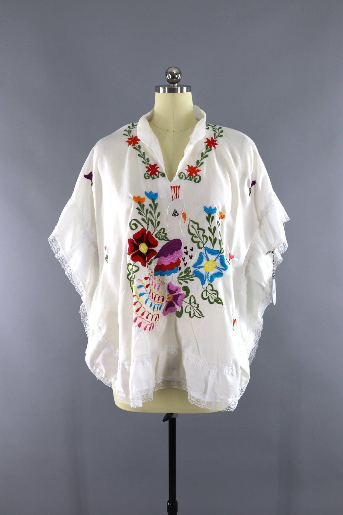 Vintage 1970s Mexican Embroidered Tunic / White Peacock and Floral Emb ...