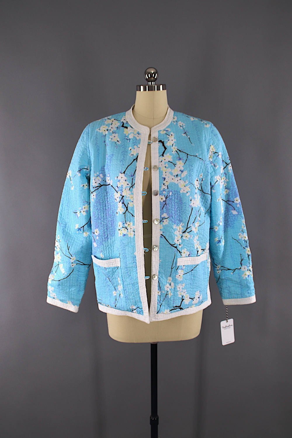 Vintage 1980s Cotton Kantha Quilted Jacket / Reversible Blue Cherry Bl ...
