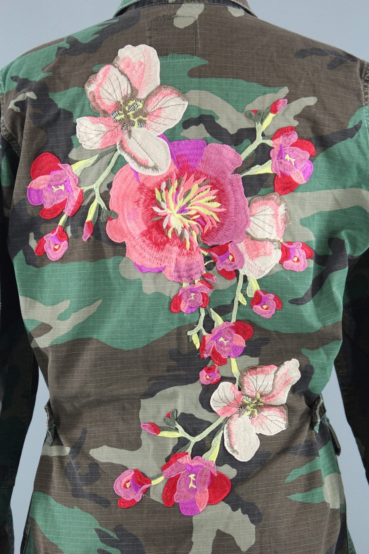 Vintage Army Camouflage Military Jacket with Large Peach Pink Floral E ...
