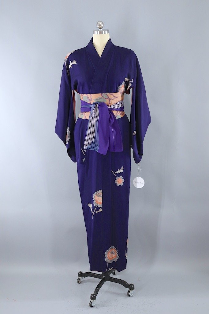 Vintage Blue & Coral Floral Silk Kimono Robe – ThisBlueBird