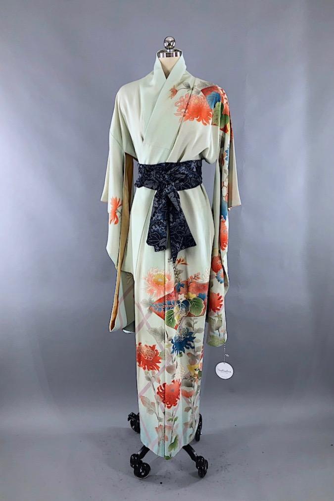Vintage Blue & Terra Cotta Floral Silk Kimono Robe – ThisBlueBird