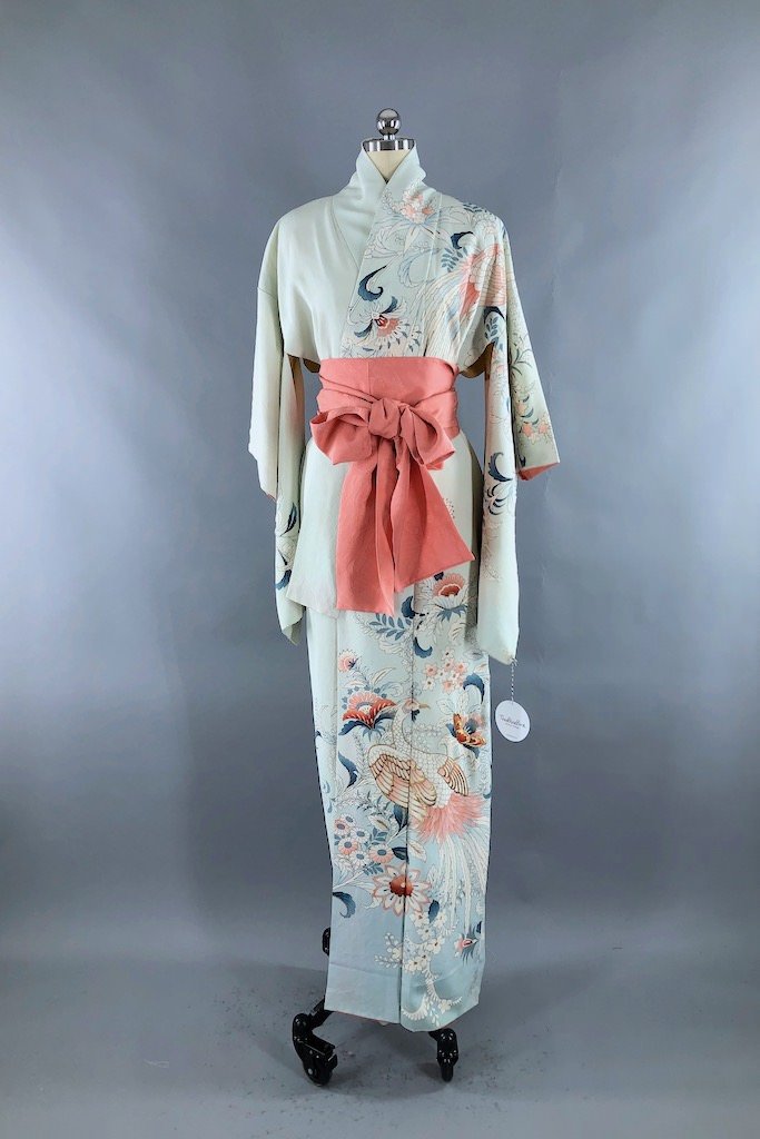 Vintage Ice Blue Phoenix Silk Kimono Robe – ThisBlueBird
