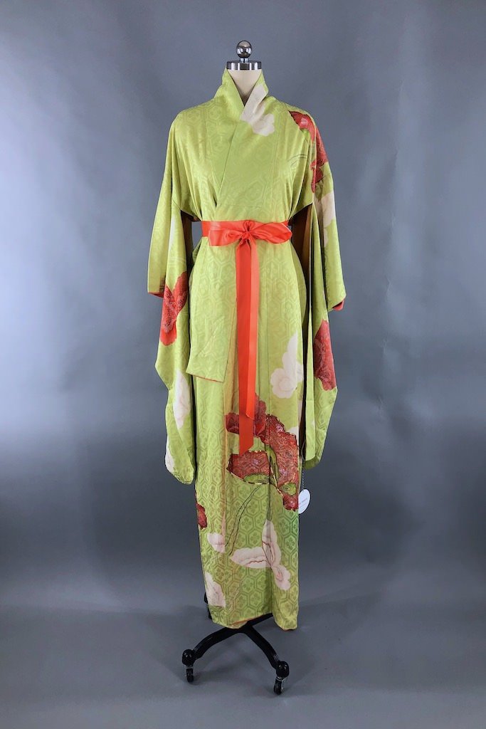 Vintage Lime Green Butterflies Silk Kimono Robe – ThisBlueBird