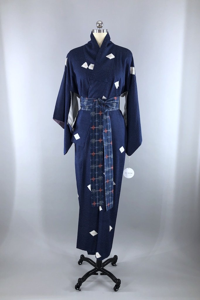 Vintage Navy Blue Dotted Floral Silk Kimono Robe – ThisBlueBird