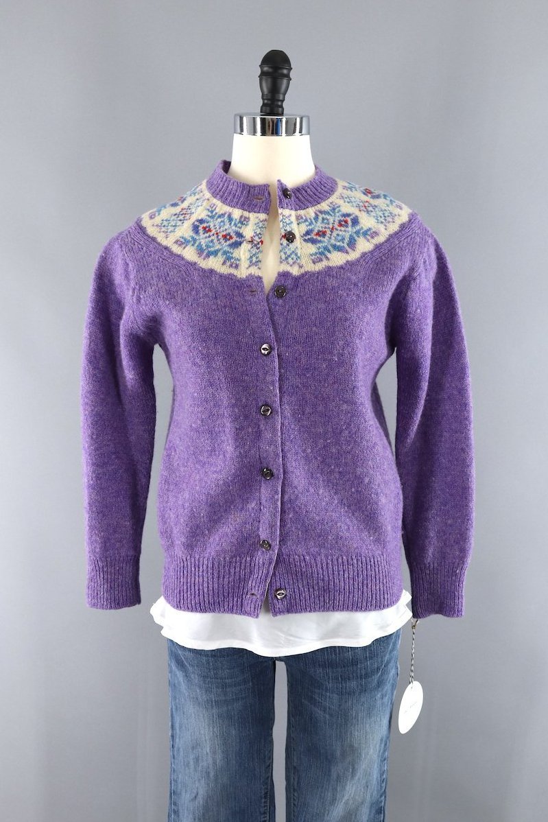 Vintage Purple Wool Fair Isle Cardigan Sweater Shetland Scotland ...