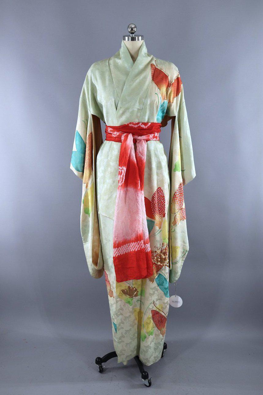 Vintage Silk Kimono Robe / Pale Green Giant Butterflies – ThisBlueBird