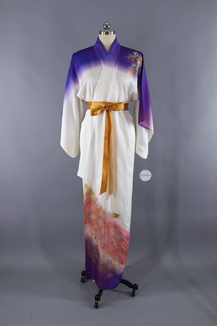Vintage Silk Kimono Robe / White & Gold Peacock Feathers – ThisBlueBird