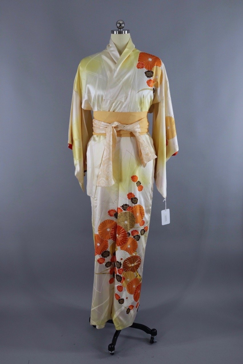 Vintage Silk Kimono Robe / Yellow & Orange Floral – ThisBlueBird