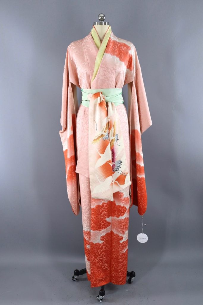 Vintage Silk Pink Clouds Kimono Robe Coral Ombre Flying Cranes Birds ...