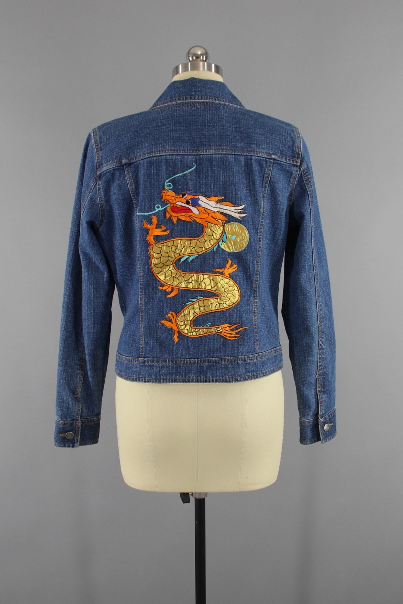 Vintage Style Denim Jean Jacket with Gold DRAGON Embroidery – ThisBlueBird