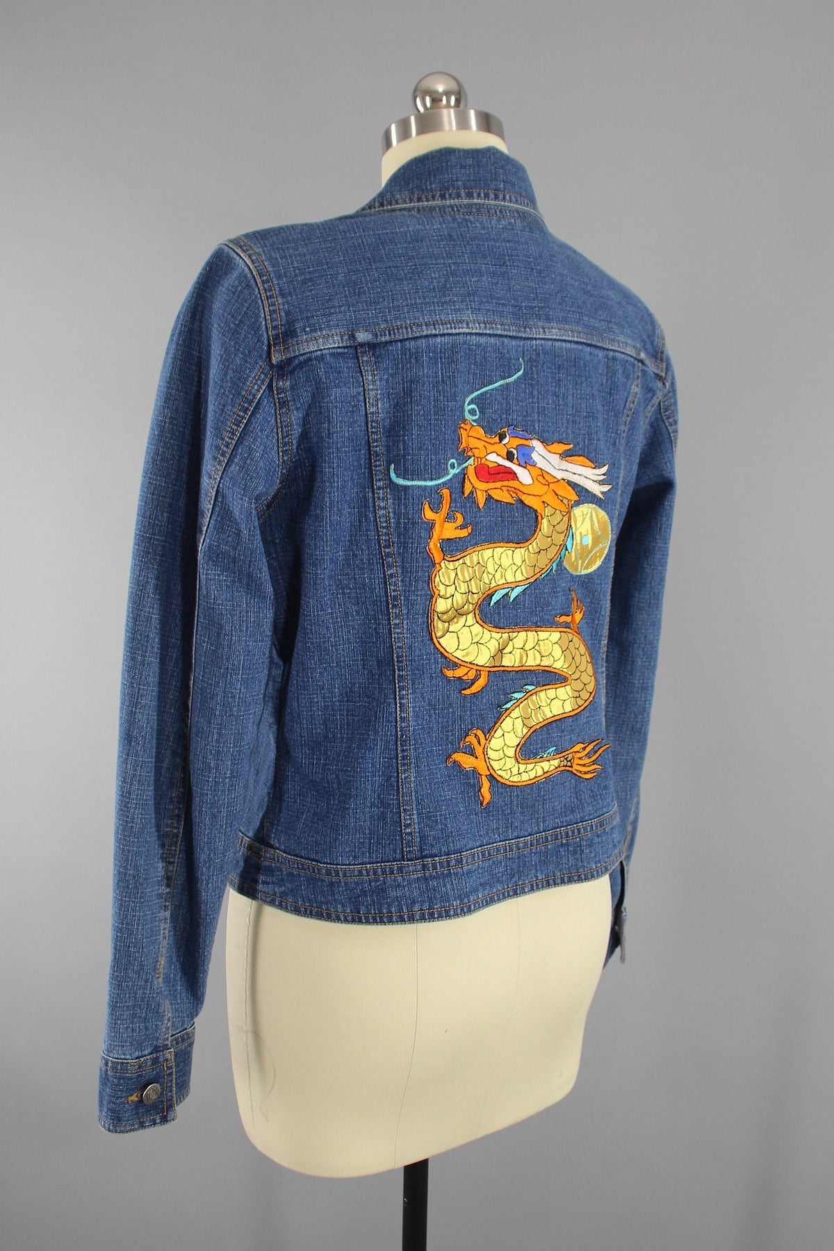 Vintage Style Denim Jean Jacket with Gold DRAGON Embroidery – ThisBlueBird