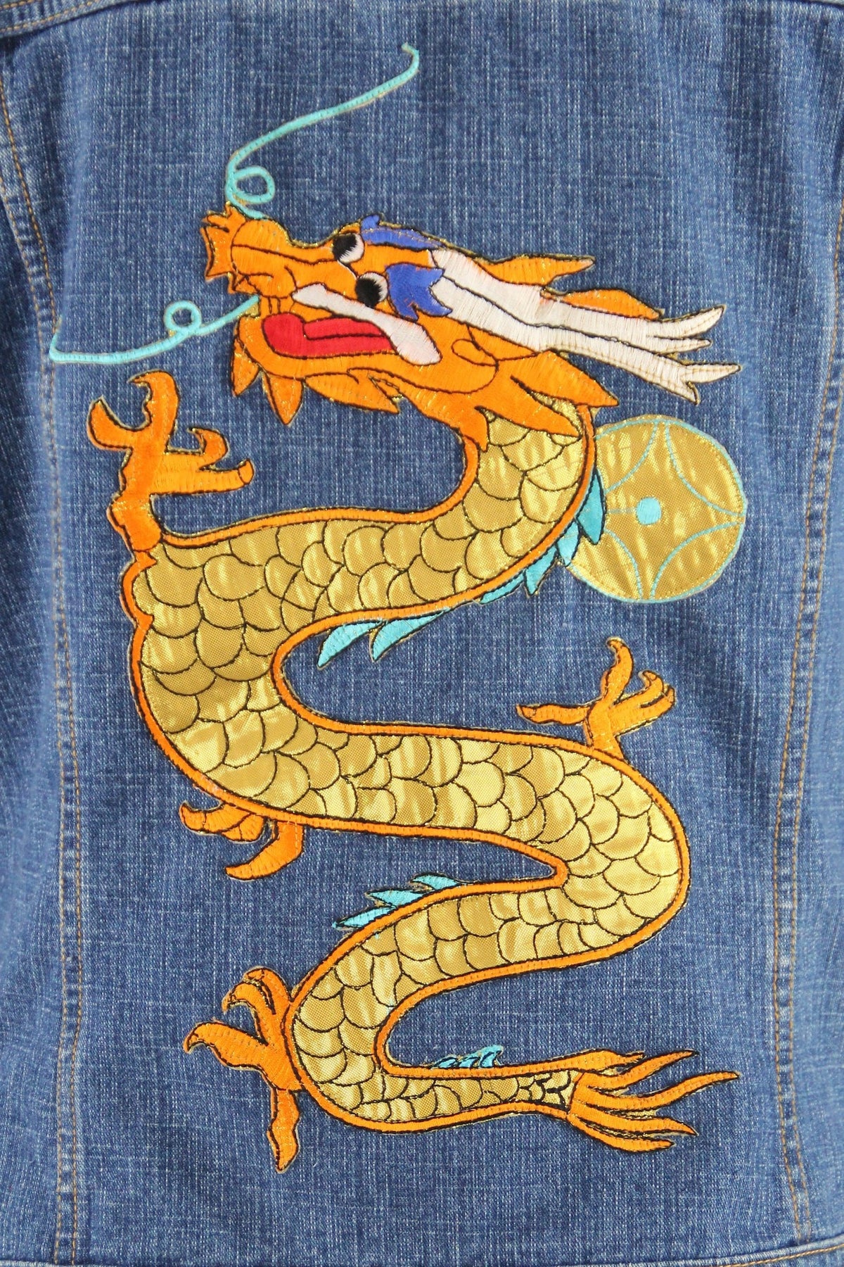 Vintage Style Denim Jean Jacket with Gold DRAGON Embroidery – ThisBlueBird