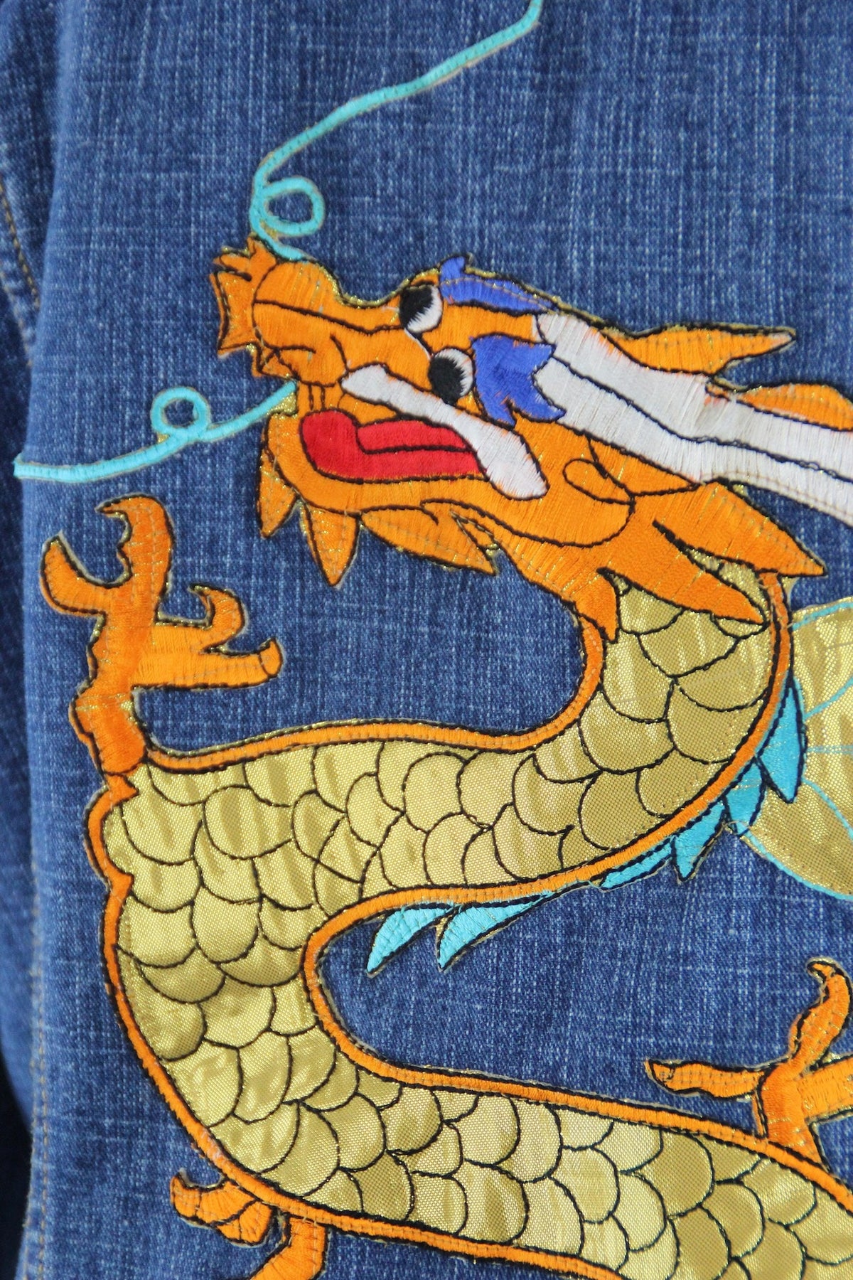 Vintage Style Denim Jean Jacket with Gold DRAGON Embroidery – ThisBlueBird